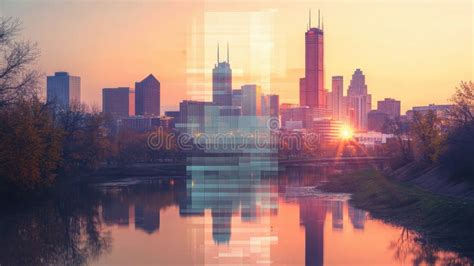 Modern City Skyline With Political Data Analysis Overlay At Sunset