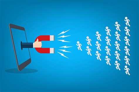 핸드 홀딩 자석이있는 스마트 폰 화면은 새로운 고객 아이콘을 유치합니다 플랫 소셜 미디어 인바운드 마케팅 벡터 개념 Brand Name Smart Phone에 대한 스톡