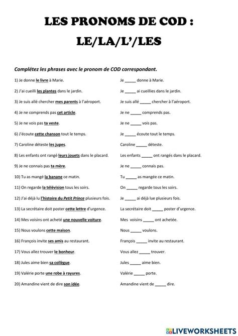 Les Pronoms De Cod Le La L Les Worksheet Artofit
