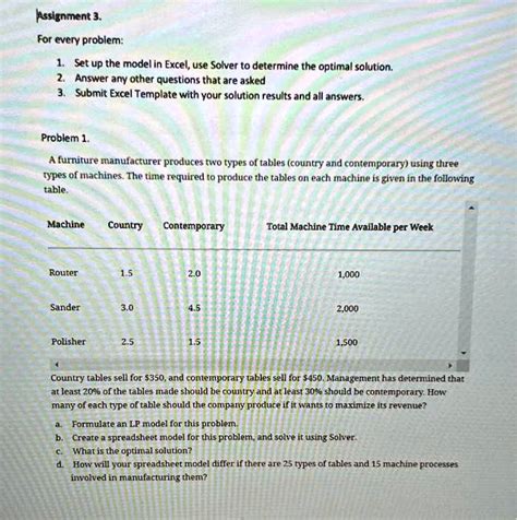Assignment 3 For Every Problem 1 Set Up The Model In Excel Use Solver To Determine The