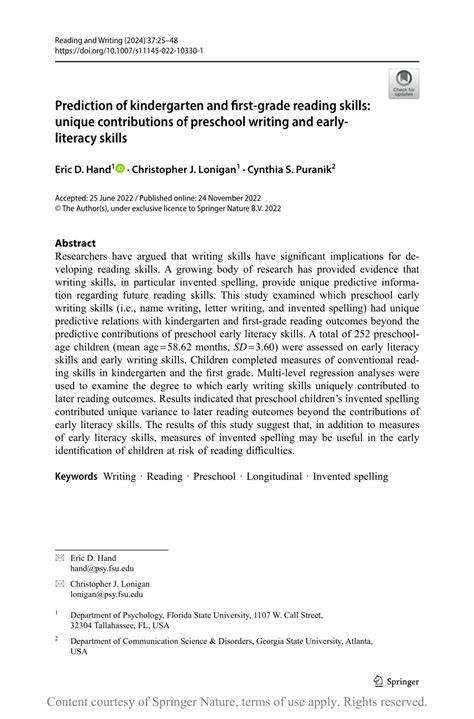Prediction Of Kindergarten And First Grade Reading Skills Unique Contributions Of Preschool