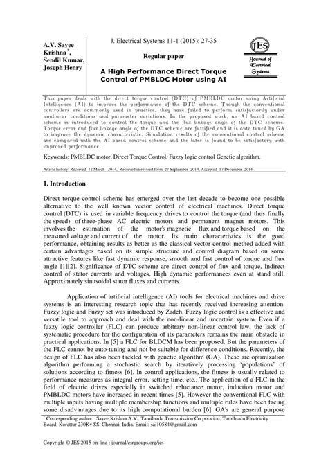 Pdf A High Performance Direct Torque Control Of Pmbldc Motor Using Ai