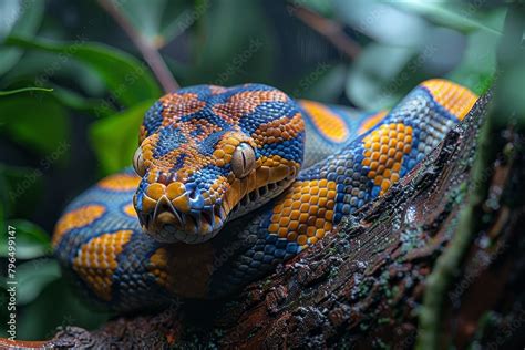 Reticulated Python Coiled Around A Tree Trunk Displaying Its
