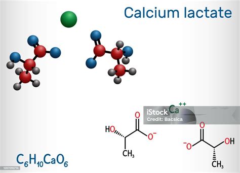 칼슘 젖산 C6h10cao6 젖산 이온 분자 그것은 칼슘 결핍을 치료 하 고 식품 첨가제 E327로 의학에서 사용 됩니다 구조적 화학 식 및 분자 모델 0명에 대한 스톡
