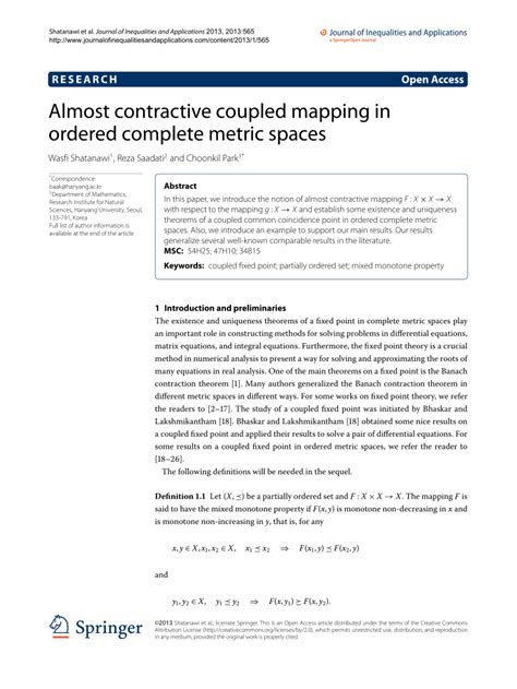 Pdf Almost Contractive Coupled Mapping In Ordered Complete Metric Spaces