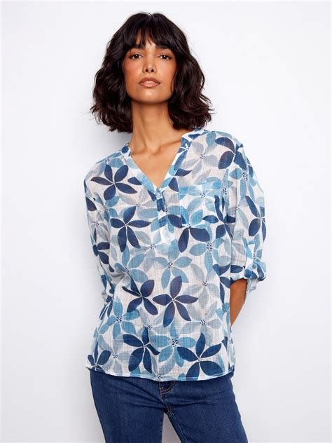 Womens Printed Cotton Gauze Blouse Sapphire Charlie B Charlie B