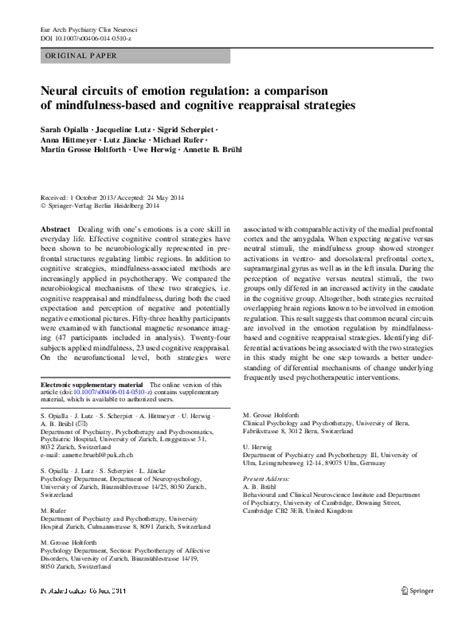 Pdf Neural Circuits Of Emotion Regulation A Comparison Of