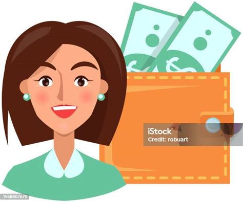 현금 돈 지폐를 가진 성인 행복한 사업가 통화 지폐 지갑에 달러 근처 긍정적 인 여자 감정에 대한 스톡 벡터 아트 및 기타 이미지 Istock