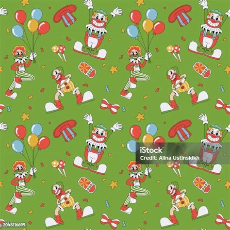 Бесшовный Узор С Клоунами И Различными Цирковыми Объектами На Зеленом Фоне — стоковая векторная