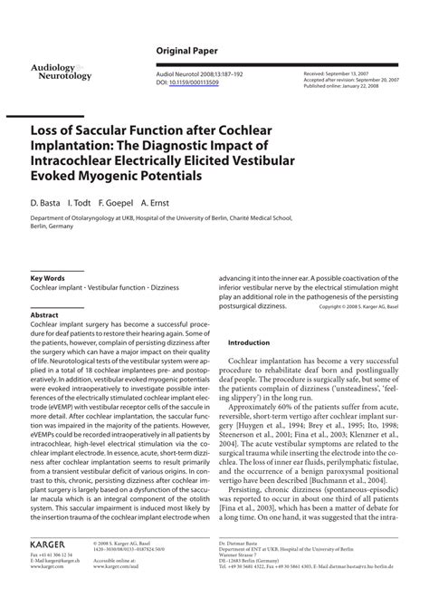 Pdf Loss Of Saccular Function After Cochlear Implantation The Diagnostic Impact Of