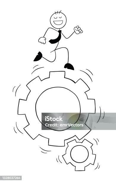 스틱맨 사업가 캐릭터 행복 하 고 회전 기어에 실행 벡터 만화 일러스트 가공의 인물에 대한 스톡 벡터 아트 및 기타 이미지 가공의 인물 개념 경쟁 Istock