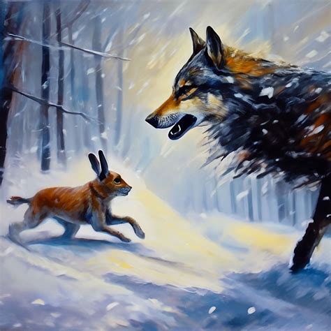 The Hare Runs Away From The Wolf Winter Blizzard Neo Expressionism