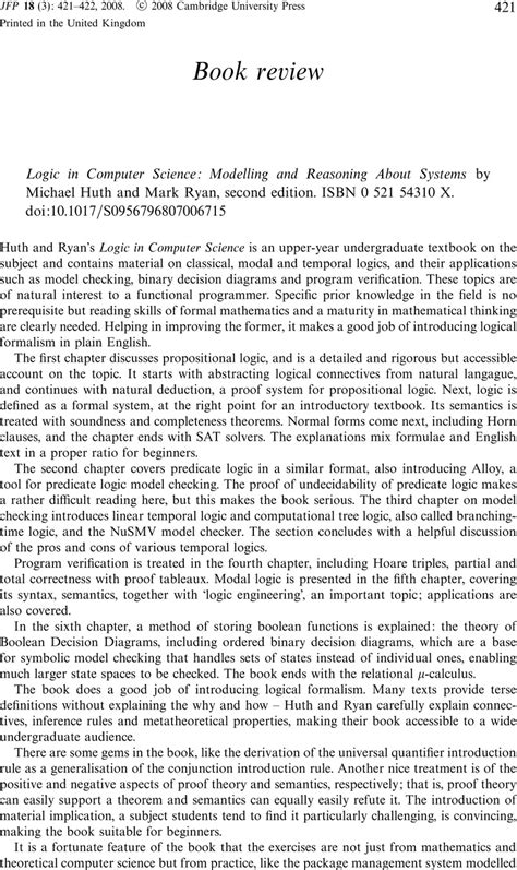 Logic In Computer Science Modelling And Reasoning About Systems By