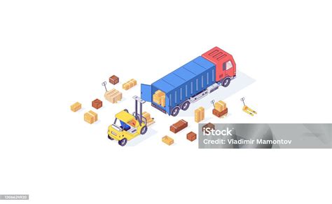 등색 창고 상자 화물 지게차 트럭 팔레트 및 물품 적재 배달 및 로드 벡터 그림 등측투영법에 대한 스톡 벡터 아트 및 기타