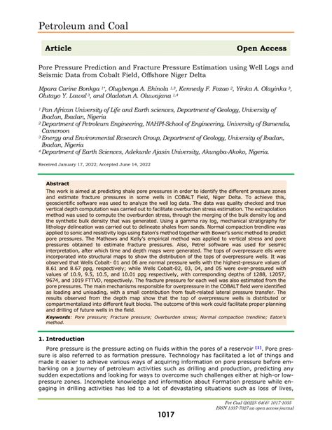 Pdf Pore Pressure Prediction And Fracture Pressure Estimation Using