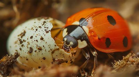 Closeup Of A Ladybug Standing Next To A Cracked Egg Premium Ai Generated Image