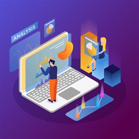 Computer Data Analysis Interface Isometric Background Composition With Analytic On Laptop