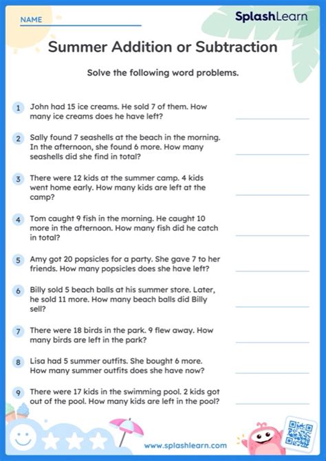Add Or Subtract Within 20 Summer Word Problems Worksheet
