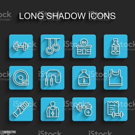 세트 라인 단백질 스포츠 바 보디 빌더 덤벨 스포츠 훈련 프로그램 줄넘기 민소매 티셔츠 및 스포츠 영양 아이콘 벡터 건강관리와 의술에 대한 스톡 벡터 아트 및 기타 이미지