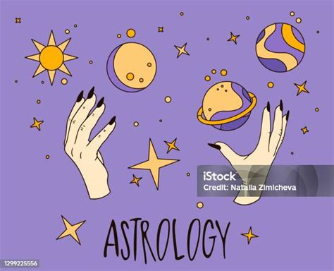 플랫 스타일 태양계 일러스트 천문관 포스터와 천문학 연구 점성술 예측 별자리 행성 별 조디악 표지판 점성술사 점성술사 점성술사 마녀 검은 손톱 마법 신비주의 예측과 여성의
