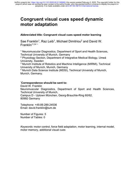 Pdf Congruent Visual Cues Speed Dynamic Motor Adaptation