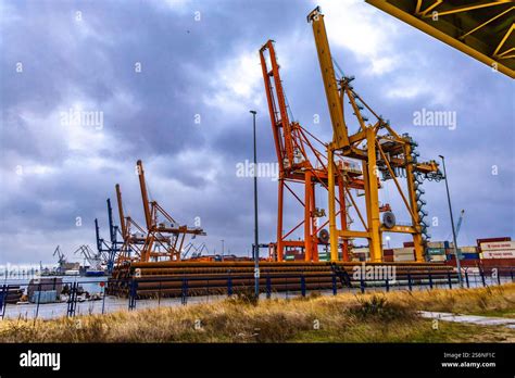 Tall Cranes In The Port Unloading Goods From Containers From Ships Cargo Port In Gdynia Stock