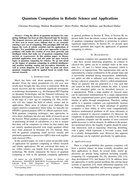 Pdf Quantum Computation In Robotic Science And Applications