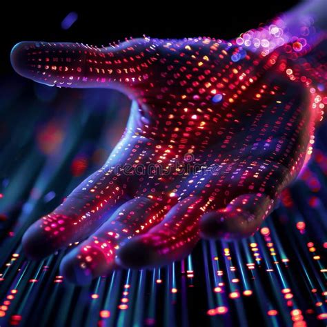 Close Up Of A Software Developer Hand Touching A Digital Data Flow With
