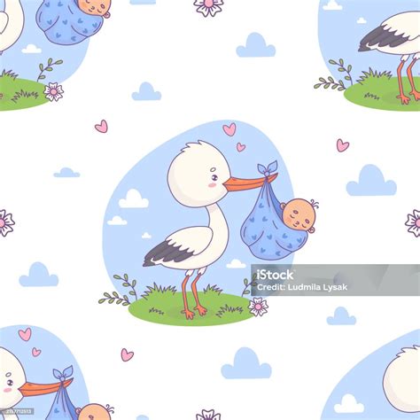 구름이 있는 흰색 배경에 갓 태어난 아기 소년과 함께 귀여운 황새와 함께 완벽 한 패턴입니다 벡터 일러스트 레이 션입니다 만화 조류 Kawaii와 유아 생일 키즈 컬렉션