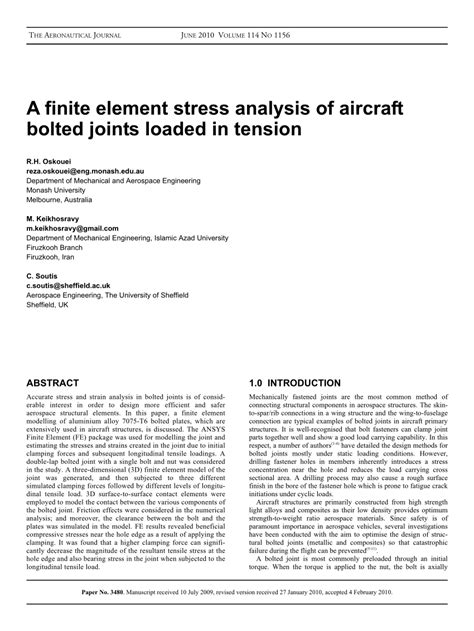 Pdf A Finite Element Stress Analysis Of Aircraft Bolted Joints Loaded In Tension