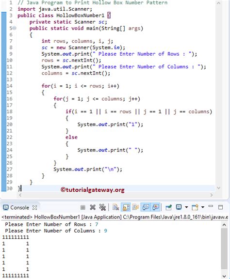 Java Program To Print Hollow Box Number Pattern