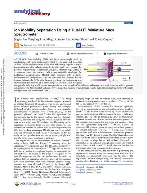 Pdf Ion Mobility Separation Using A Dual Lit Miniature Mass Spectrometer