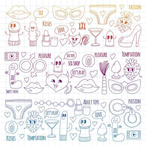 Funny Icons For Sex Shop Cute Cartoon Characters Dildo Strawberry Condom Heart Love And