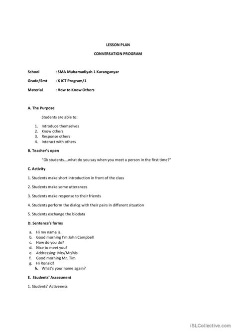 Conversation Lesson Plan English Esl Worksheets Pdf And Doc