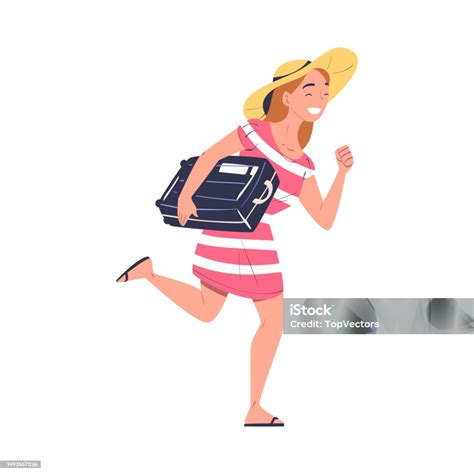 여행 가방을 들고 모자를 쓴 여자 캐릭터는 여행 벡터 일러스트레이션을 가지고 여름 휴가를 간다 가방에 대한 스톡 벡터 아트 및 기타 이미지 Istock