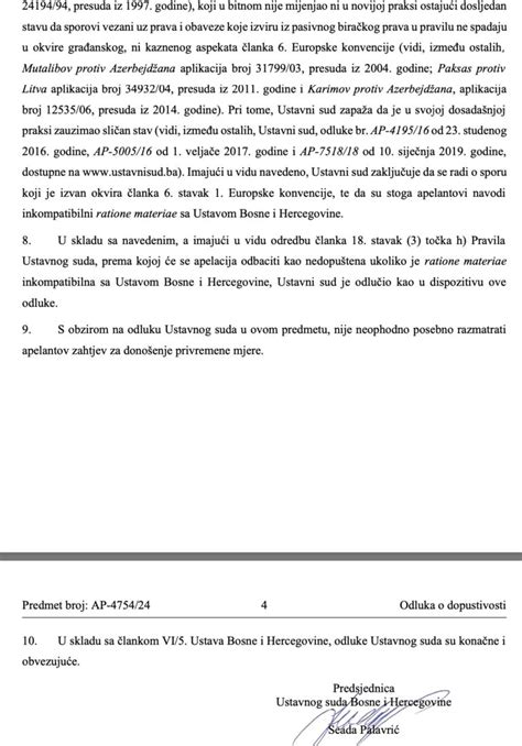 Odbijenica Za Sda Od Ustavnog Suda Bih Odluku Potpisala Sutkinja Seada Palavrić