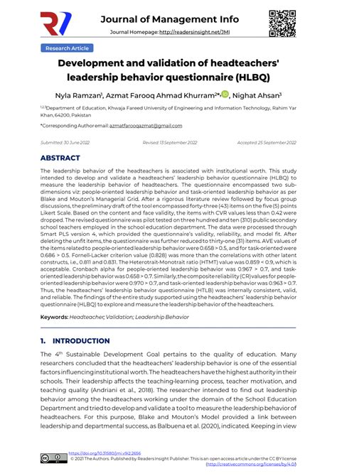 Pdf Development And Validation Of Headteachers Leadership Behavior Questionnaire Hlbq