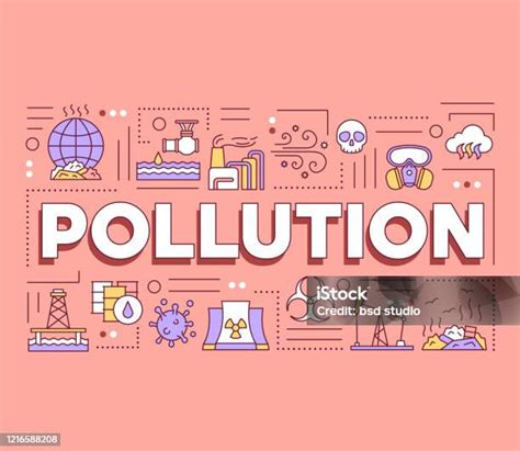 오염 단어 개념 배너입니다 프리젠 테이션 웹 사이트 환경 재해 공기 및 토양 폐기물 오염 선형 아이콘과 격리 된 문자 타이포그래피 아이디어 벡터 개요 그림 인포그래픽에 대한
