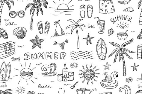 낙서 스타일의 여름 시간 테마 요소의 귀여운 완벽 한 패턴 야자수 조개껍데기 태양 비치 백 플립플롭 선글라스 여행용 디자인 손으로 그린 벡터 그림입니다 계절에 대한 스톡