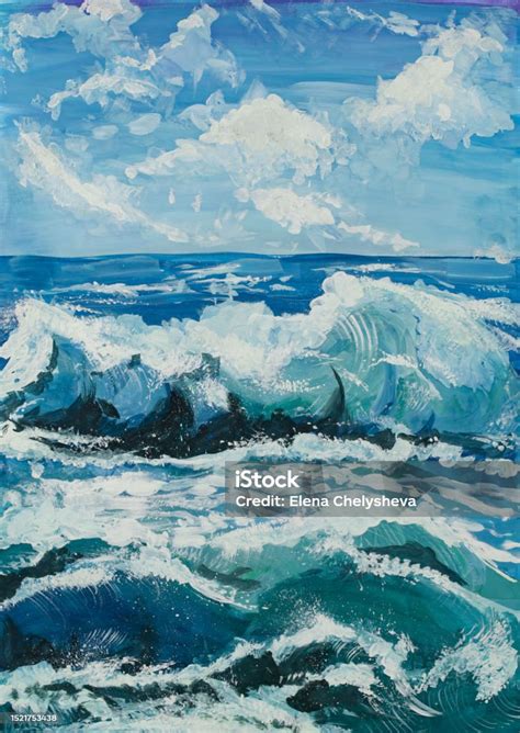 종이에 손으로 만든 구아슈 그림 푸른 색조의 파도가 있는 바다 풍경 공중 뷰에 대한 스톡 벡터 아트 및 기타 이미지 공중 뷰 빙산 얼음 형태 패턴 Istock