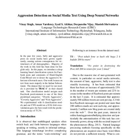 Aggression Detection On Social Media Text Using Deep Neural Networks Acl Anthology