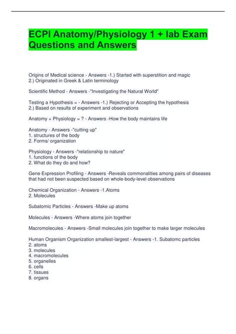 Ecpi Anatomy Physiology 1 Lab Exam Questions And Answers Ecpi