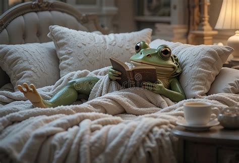 Cute Frog Reading In Bed Cozy Home Scene Generative Ai Stock