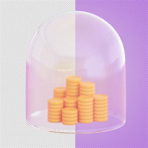 3d 동전은 유리 덮개 아래에 쌓입니다 보험 저축 돈 보호 및 은행 개념 프리미엄 Psd 파일