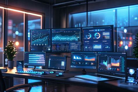 A Modern Office With Multiple Computer Screens Displaying Data Visualizations And Ai Algorithms