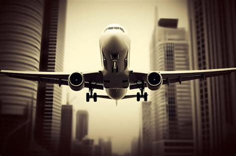 Premium Photo Commercial Airplane Flying Over Modern City Neural Network Ai Generated Art