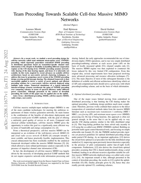Pdf Team Precoding Towards Scalable Cell Free Massive Mimo Networks