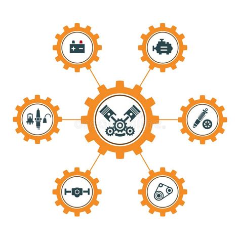 一组矢量图像、图标和标志，包括汽车部件、电池、变速器、电气设备、引擎和其他特种 图库摄影片 插画 包括有 设备 齿轮 184354027