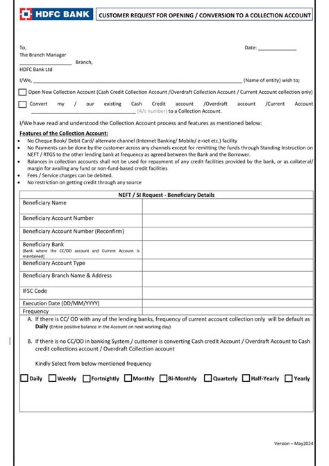 HDFC Bank Customer Request Form For Opening Conversion To A Collection Account Download In PDF