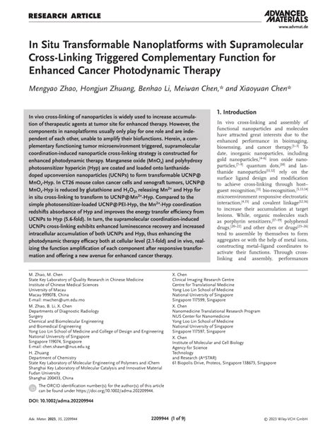 In Situ Transformable Nanoplatforms With Supramolecular Cross‐linking Triggered Complementary